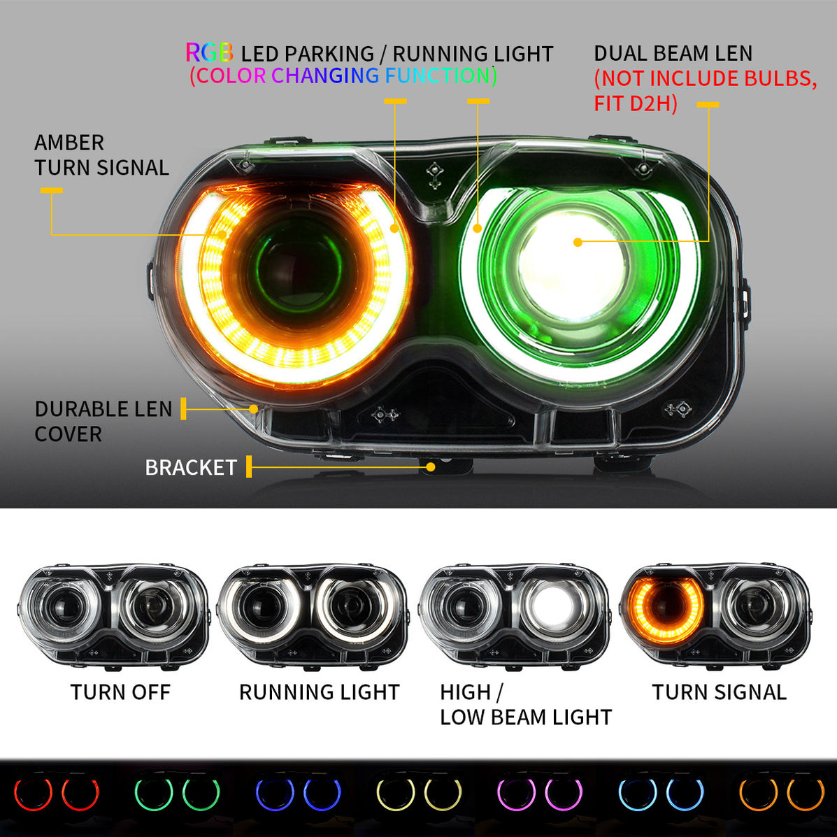 VLAND RGB Headlights For Dodge Challenger 2015-2024 Halogen Models