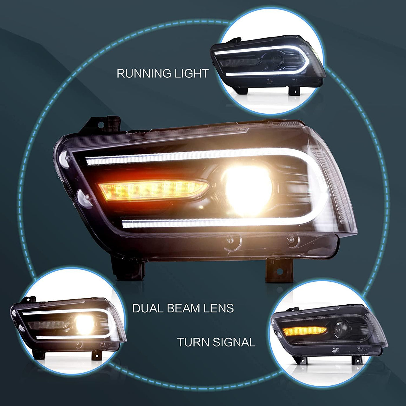 VLAND RGB Dual Beam Headlights For Dodge Charger 2011-2014 With ...